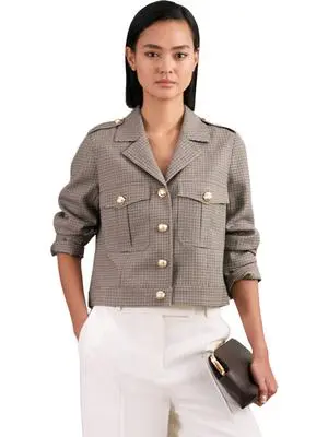 REISS Wool Twill Cropped Jacket - Neutral Check
