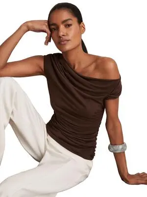 REISS Serena Modal-blend Ruched Off-shoulder Top - Chocolate Brown