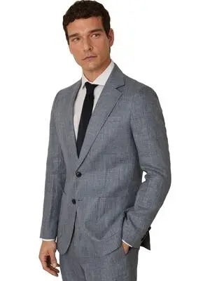 REISS Reef Slim Fit Single Breasted Linen Check Suit Blazer - Soft Blue