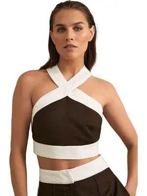 REISS Rebecca Linen Halterneck Cropped Top - Chocolate/cream