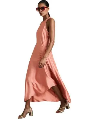 REISS Anessa Satin Shirred Midi Dress - Coral