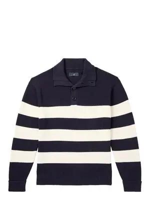 Dunhill Striped Ribbed Cotton Half-placket Sweater - Blue