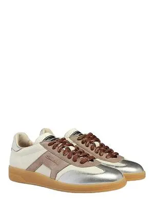 Santoni Leather And Suede Dbs Oly Sneakers - White/beige And Silver