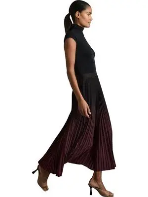 REISS Ombré Pleated Midi Skirt - Burgundy/black