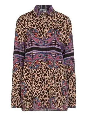 Versace Leopard-print Satin Long Shirt - Beige