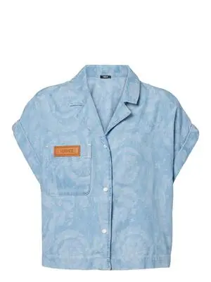 Versace Barocco Cropped Denim Chambray Shirt - Blue