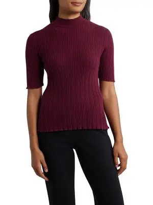 Anne Klein Short Sleeve Mock Neck Cotton-blend Sweater - Chianti