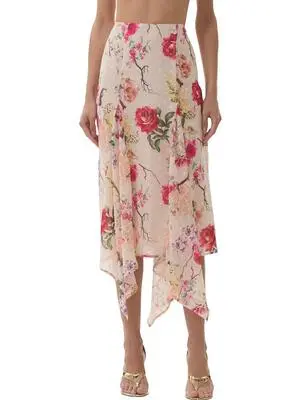 AFRM Sablyn Asymmetric Chiffon Midi Skirt - Sand Summer Rose