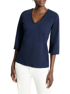 NIC+ZOE Fringe Trimmed Cotton T-shirt - Dark Indigo
