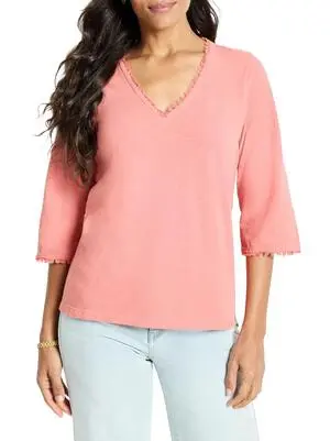 NIC+ZOE Fringe Trimmed Cotton T-shirt - Red Clay