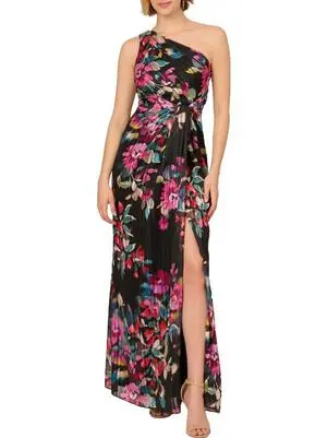 Adrianna Papell Pleated Floral Print One-shoulder Gown - Black Multi