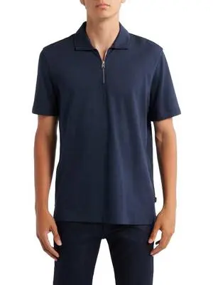 BOSS Paras Solid Lyocell & Cotton Zip Polo - Dark Blue