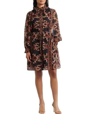 Julia Jordan Florentine Print Long Sleeve Tie Neck Shirtdress - Black Multi