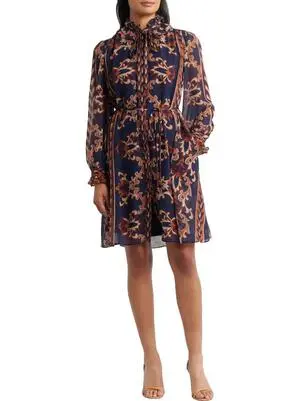Julia Jordan Florentine Print Long Sleeve Tie Neck Shirtdress - Navy Multi