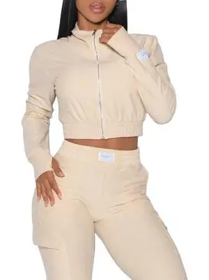 BOMBSHELL SPORTSWEAR Cropped Jacket With Thumb Holes - Vanilla