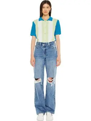 KANCAN High Rise 90's Criss Cross Straight Jeans - Medium Wash