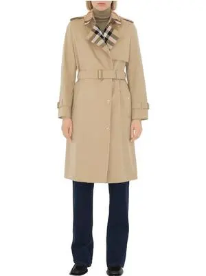 Burberry Long Check Collar Gabardine Trench Coat - Honey