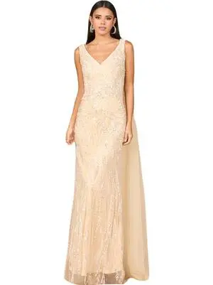 LARA NEW YORK V-neck Gown With Long Cape Sleeves - Champagne