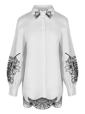 Anne Fontaine Long-sleeve Cotton Poplin Shirt With Embroidered Flowers - Black/white