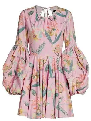 NO PISE LA GRAMA Trinitaria Short Sleeve Dress - Orquidea Pink Print