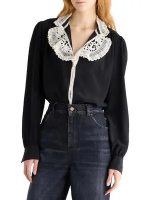 Chloé Silk Crêpe De Chine & Lace Ruffle Collar Button-up Shirt - Black