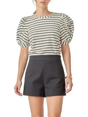 English Factory Stripe Puff Sleeve Stretch Cotton Top - White/black