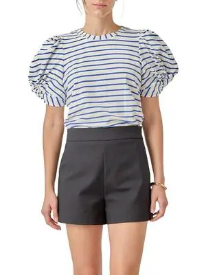 English Factory Stripe Puff Sleeve Stretch Cotton Top - White/blue