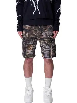 Mnml Baggy Distressed Cotton Cargo Shorts - Forest Camo