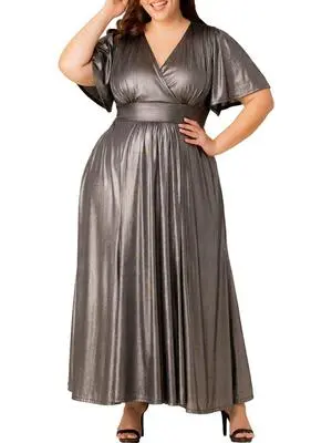 KIYONNA Metallic Flutter Sleeve Gown - Pewter