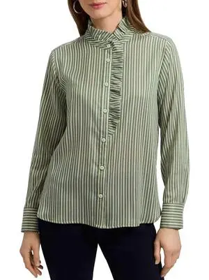 Foxcroft Sadie Stripe Ruffle Button-up Shirt - Basil Multi