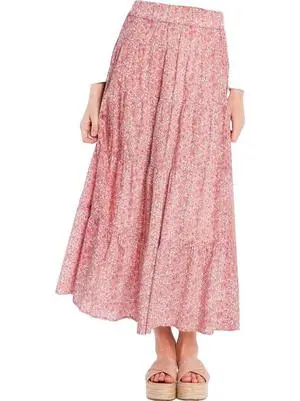 BILLY T Floral Tiered Cotton Blend Maxi Skirt - Pink Bloom