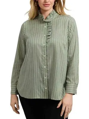 Foxcroft Sadie Stripe Ruffle Button-up Shirt - Basil Multi