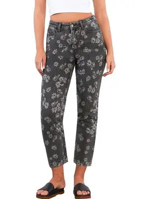 HINT OF BLU High-rise Slim Straight Leg Jeans - Grey Floral Denim