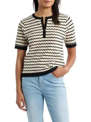 Wit & Wisdom Striped Pointelle Knit Top - Ecru/black