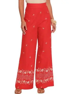 PETAL & PUP Floral Print Wide Leg Linen Blend Pants - Red Floral