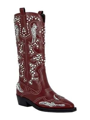 AZALEA WANG Maisie Embellished Western Boots - Red