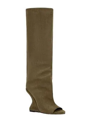 AZALEA WANG Vincent Knee High Open Toe Boots - Olive