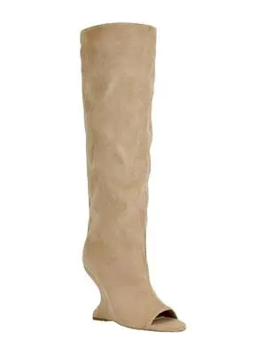 AZALEA WANG Vincent Knee High Open Toe Boots - Tan