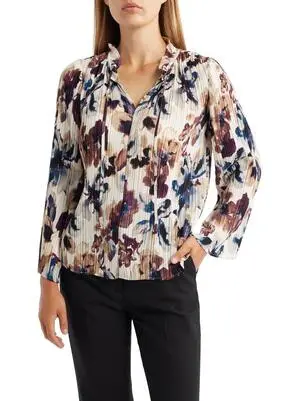 Anne Klein Floral Pleated Tie Neck Top - White Dove Multi