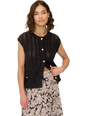 Central Park West Rose Sleeveless Open Stitch Cardigan - Black