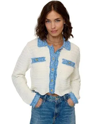 Central Park West Rose Scallop Edge Sweater - Denim/white