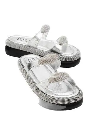 PROLOGUE SHOES Finery Embellished Platform Slides - Silver Faux Leather