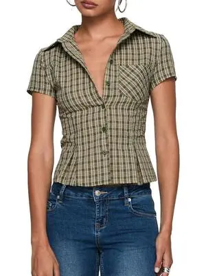 Princess Polly Alma Mater Check Cotton Button-up Shirt - Green Check