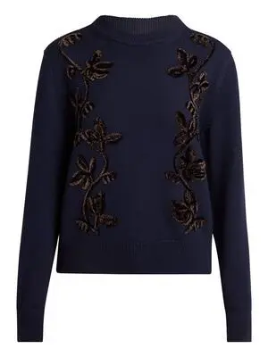 JIL SANDER Floral Embroidered Merino Wool Crewneck Sweater - Navy