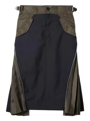 Sacai Paneled Crepe, Shell And Pleated Satin Midi Skirt - Blue