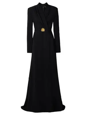 Oscar De La Renta Wrap-effect Embellished Belted Crepe Gown - Black