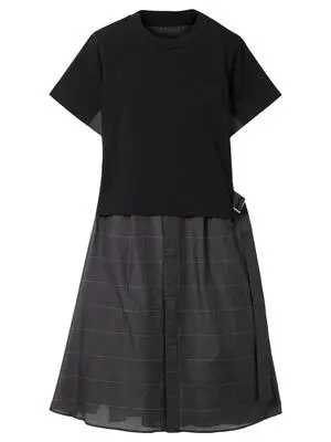 Sacai Belted Cotton-jersey And Checked Voile Midi Dress - Black