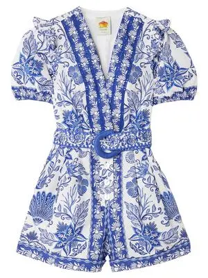 Farm Rio Belted Printed Organic Cotton Playsuit - Blue