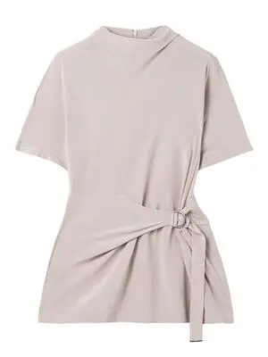 Brunello Cucinelli Buckle-embellished Draped Silk Crepe De Chine Top - Neutrals