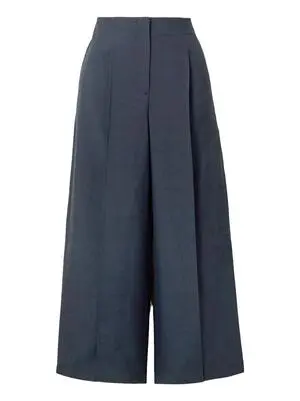 Theory Cropped Pleated Cotton-twill Wide-leg Pants - Blue
